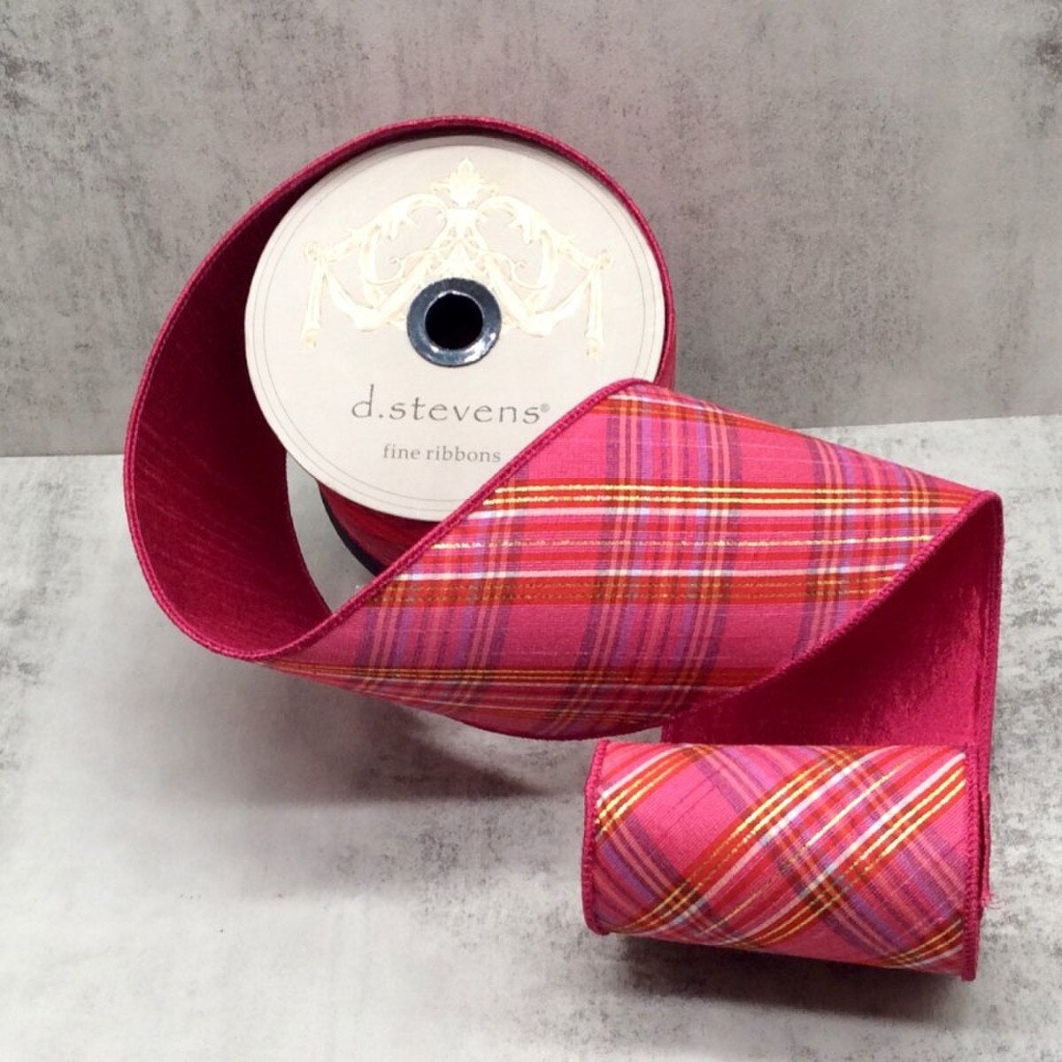 4" x 10yds dupion diagonal plaid gold lurex, redhot pink white ...